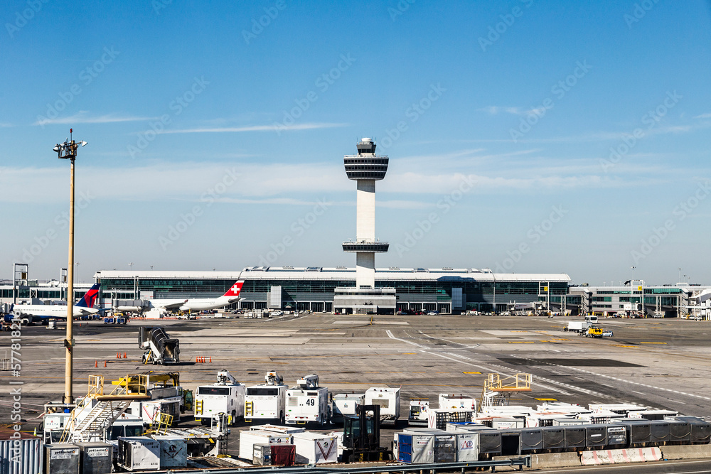 Air Traffic Control Tower and Terminal 4 with Air planes at the gates ...