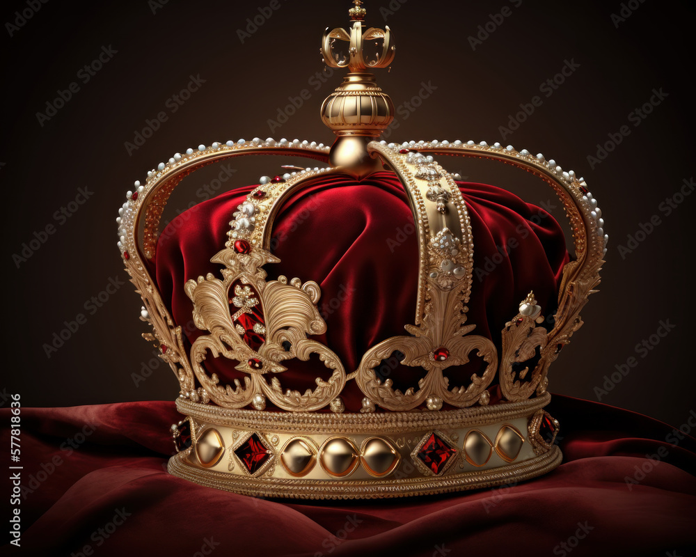 Illustration of Royal golden crown with jewels on plain dark red ...