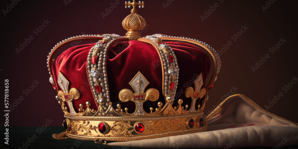 British Royal golden crown with jewels on red background. Symbols of UK United Kingdom monarchy ...