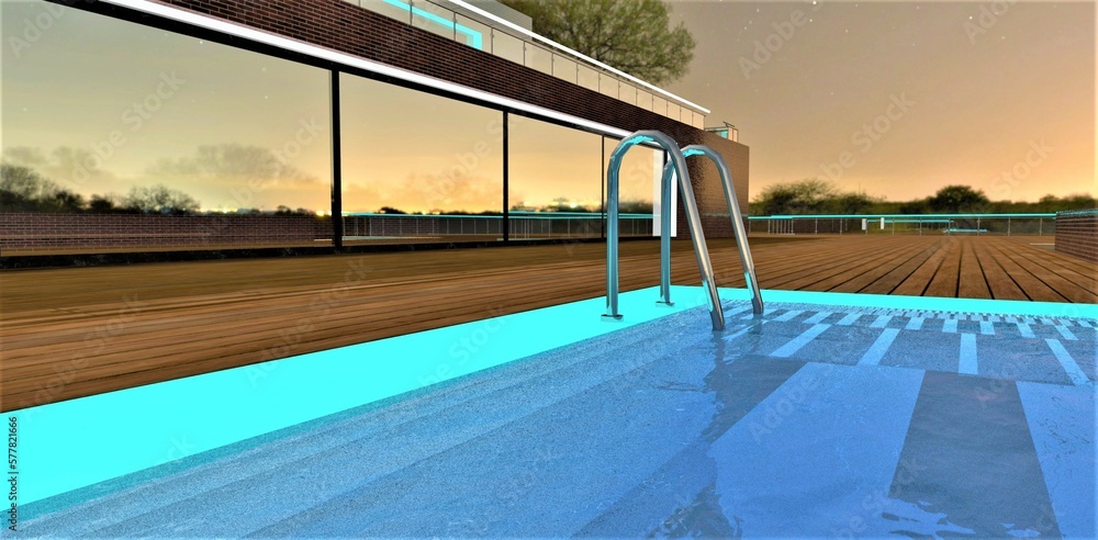 Metal ladder of the swimming pool on the rooftop of the private mansion ...