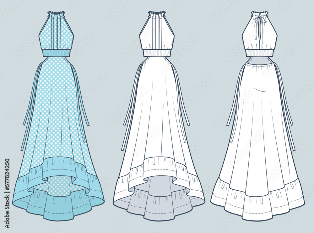 Halter Dress technical fashion illustration, blue plaid. Maxi Dress ...