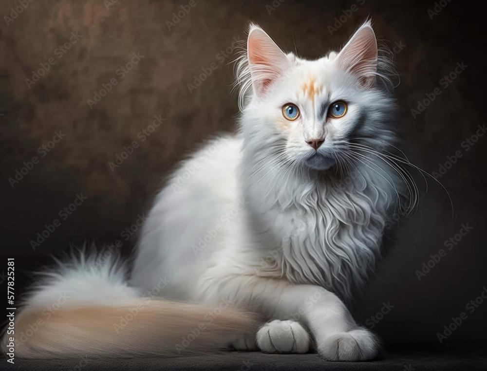 Beautiful Turkish Angora cat with long white hair playing outside ...