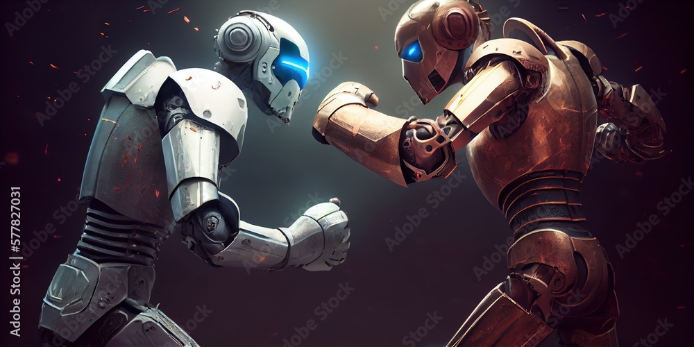 Fighting robots - two cybernetic artificial intelligence (AI) robots boxing and fist fighting ...