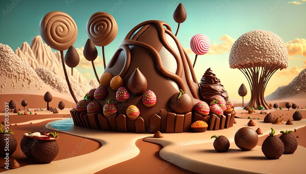 Fantasy world consisting of chocolate and candy, super sweet, dreamland ...
