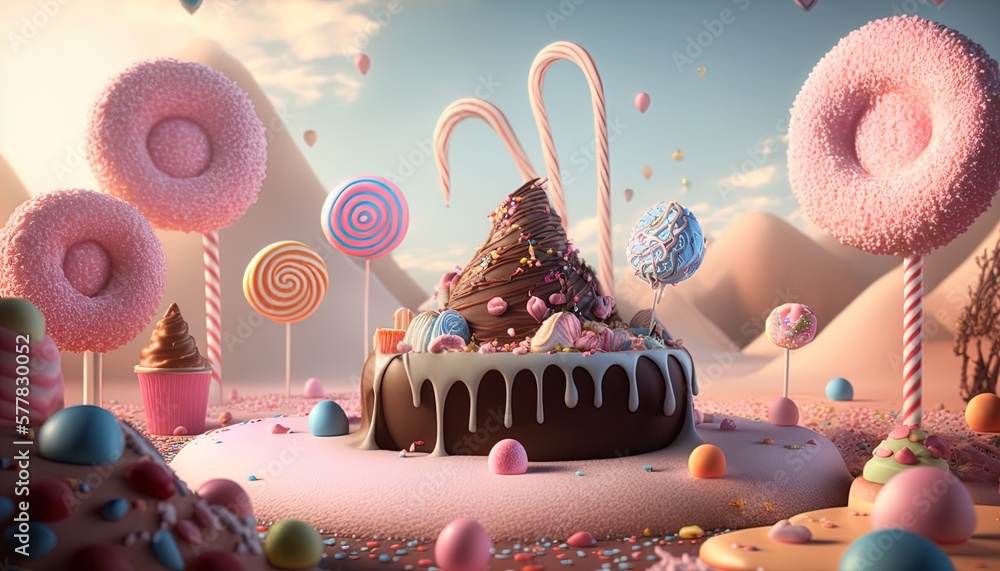 Fantasy world consisting of chocolate and candy, super sweet, dreamland ...