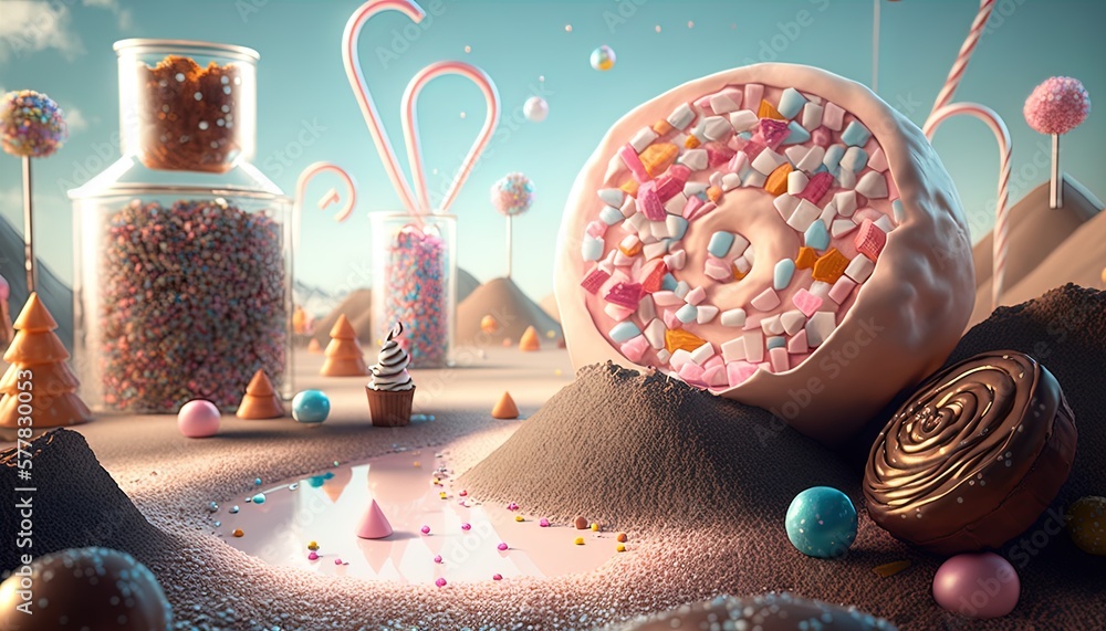 Fantasy world consisting of chocolate and candy, super sweet, dreamland ...