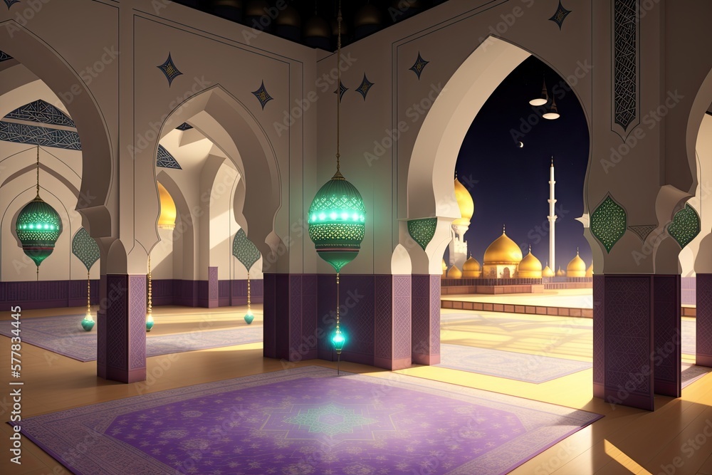 Islamic background painting. Mosque and shadows. Light rays from mosque ...