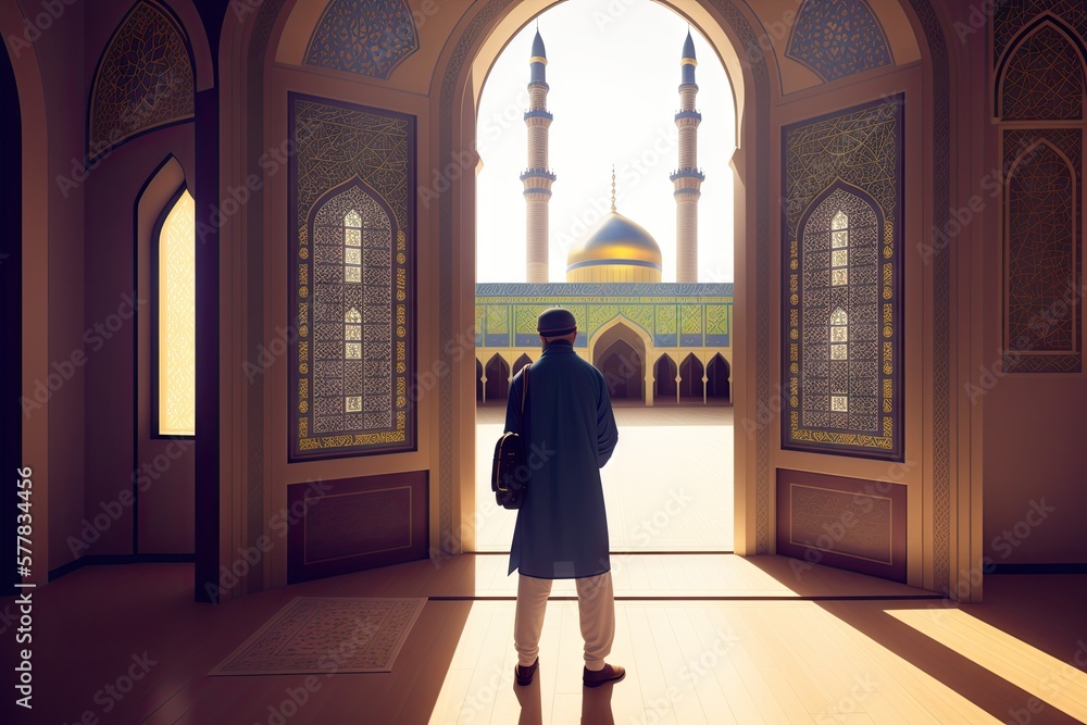 Islamic background painting. Mosque and shadows. Light rays from mosque ...