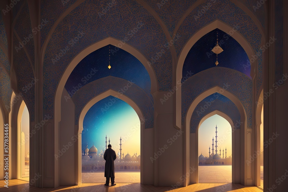 Islamic background painting. Mosque and shadows. Light rays from mosque ...