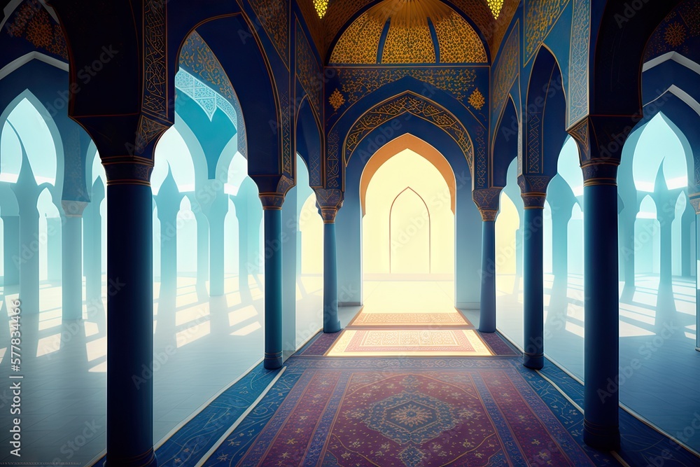 Islamic background painting. Mosque and shadows. Light rays from mosque ...