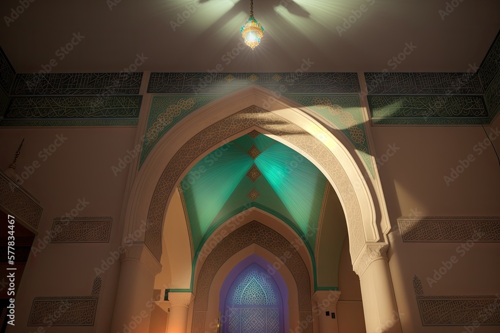 Islamic background painting. Mosque and shadows. Light rays from mosque ...