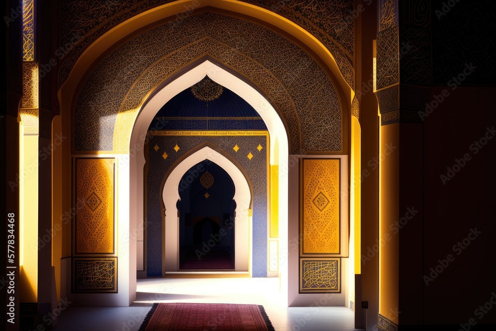 Islamic background painting. Mosque and shadows. Light rays from mosque ...