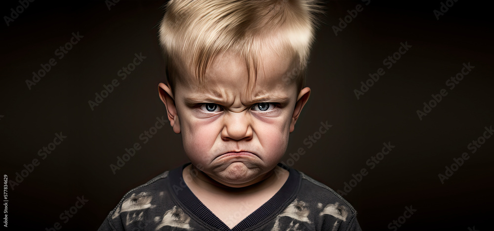 Closeup of a 5 year old Caucasian boy with very angry expression ...