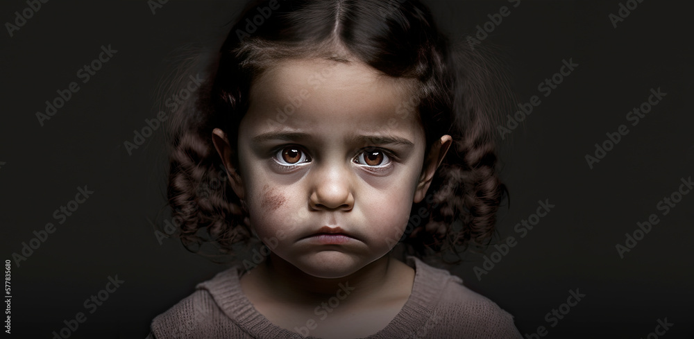 Closeup of a 5 year old Spanish girl with very sad expression created ...