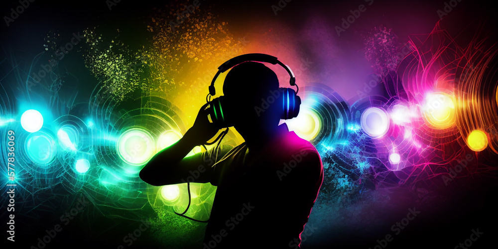 Dj with colorful neon lights in nightclub party, horizontal banner ...