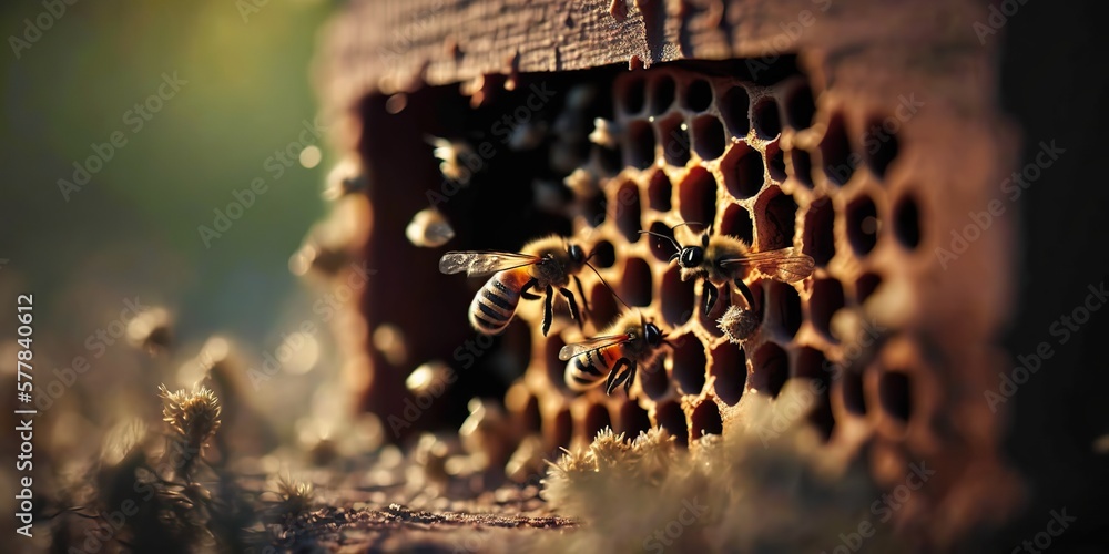 Ilustrace „Macro shot of beehive with bees coming in and out of the ...