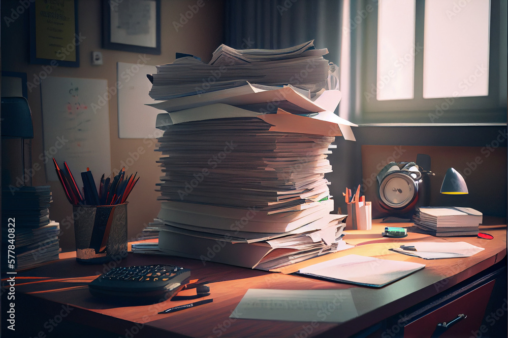 Giant pile of paperwork stacked on table. Pressure of paperwork. Giant ...
