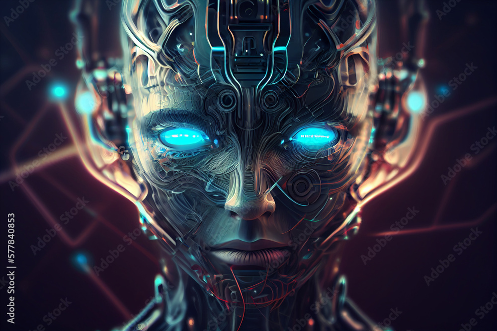 Robotic Woman Cyborg head with artificial neural networks brain. Neon ...