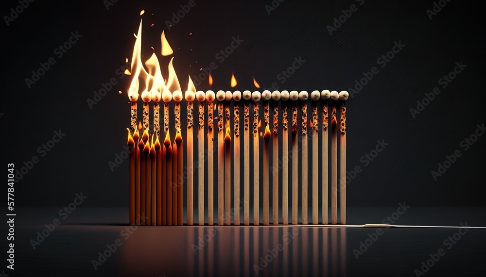 Chain reaction effect on matches bursting into flames created with ...