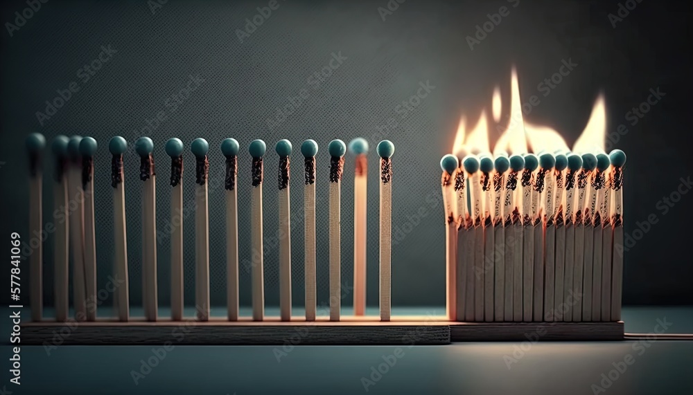 Chain reaction effect on matches bursting into flames created with ...