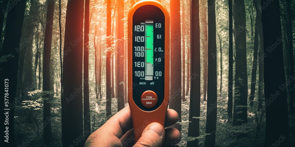 Person holding thermometer measuring temperature in forest, concept of ...