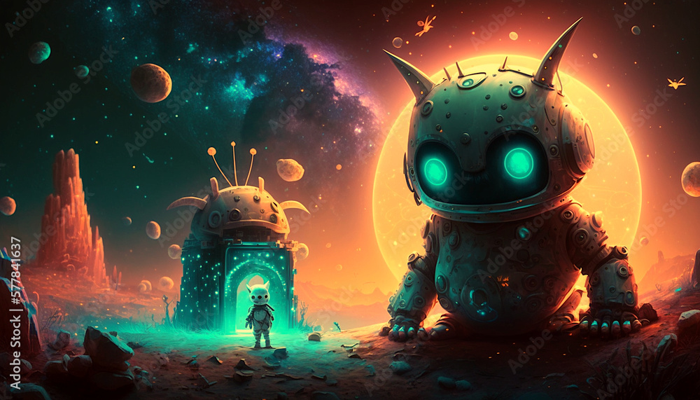 Beautiful fantastic world, cosmos. Fantastic robotic animals, non ...