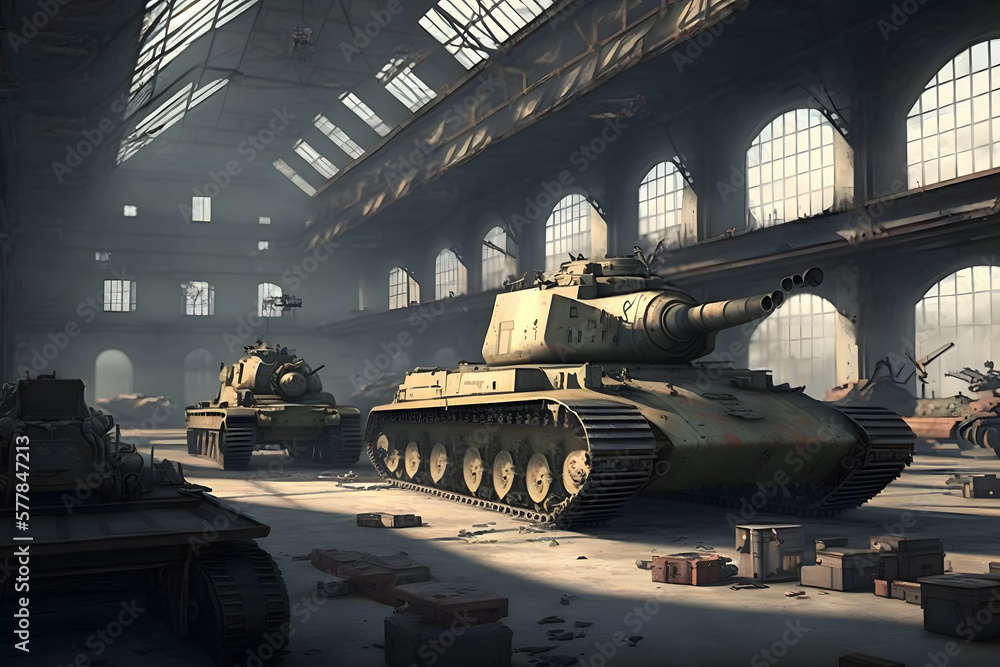 battle tank at a military base in a hangar, an industrial plant. Neural ...