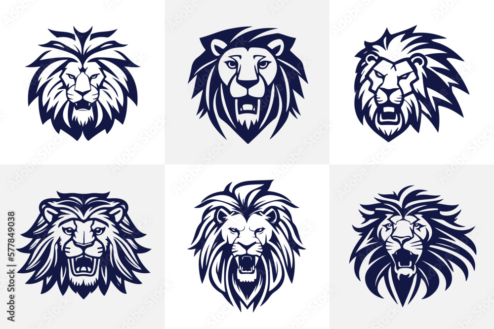 Vecteur Stock Lion head face logo set silhouette black icon tattoo ...