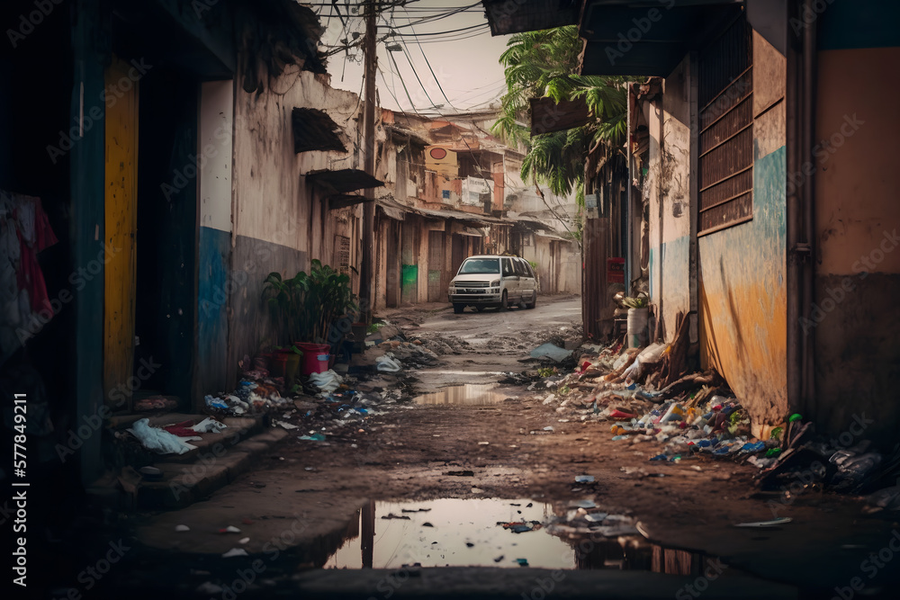 Ghetto city back alley with dirt rubbish and poor residental houses ...