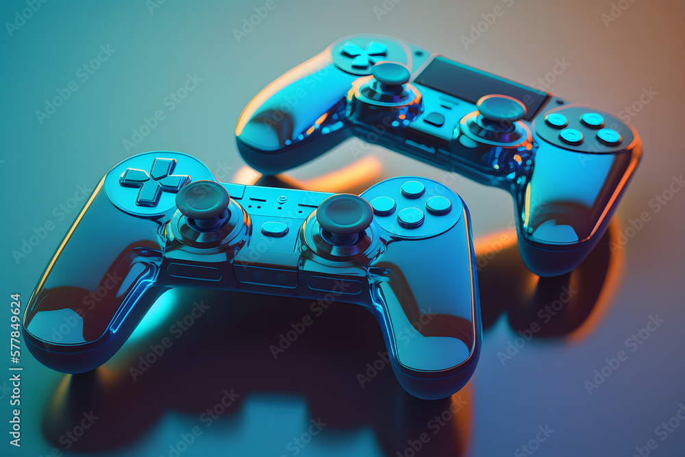 Two console gaming controllers with many buttons and glossy shiny body ...