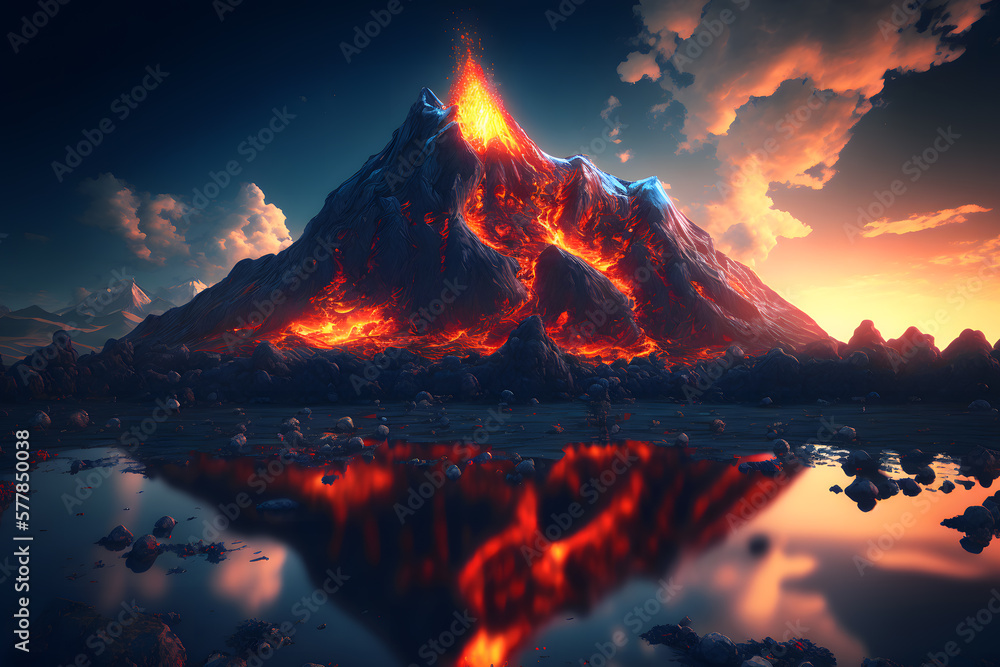 Night fantasy landscape with abstract mountains and island on the water ...