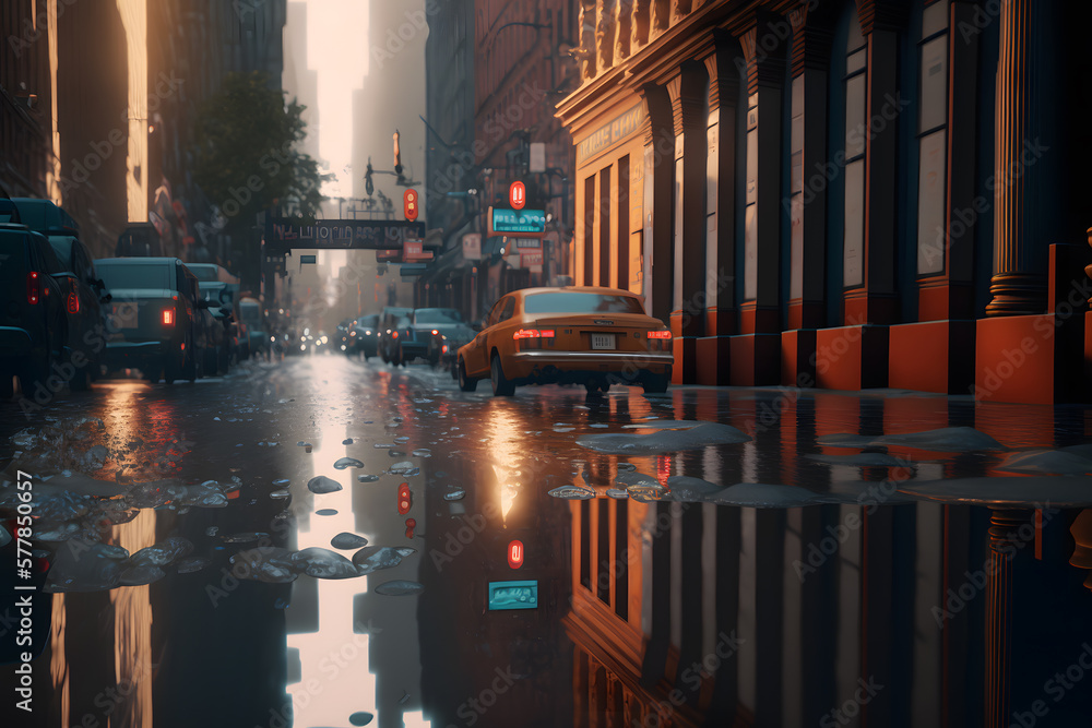 Flood in city center with light sky after heavy rain. Neural network AI ...