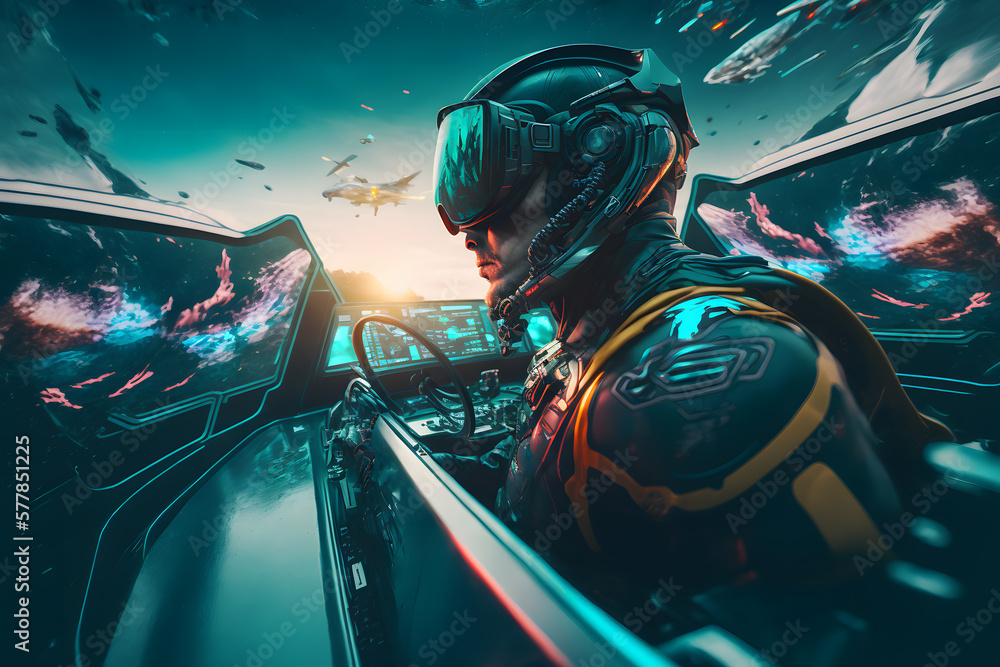 Ship captain on a modern futuristic boat transport at sea. Neural ...