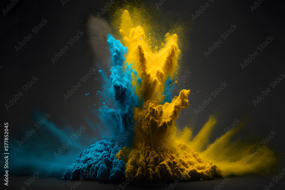 Explosion of yellow and blue color paint powder on black background ...