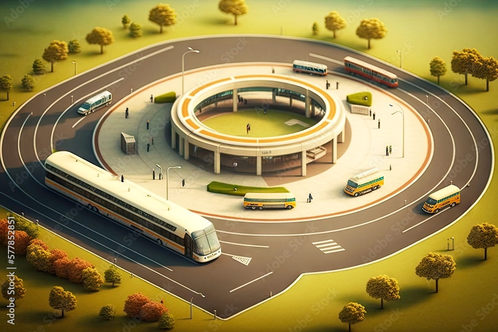 large bus station with roundabout for stopping and departing buses ...