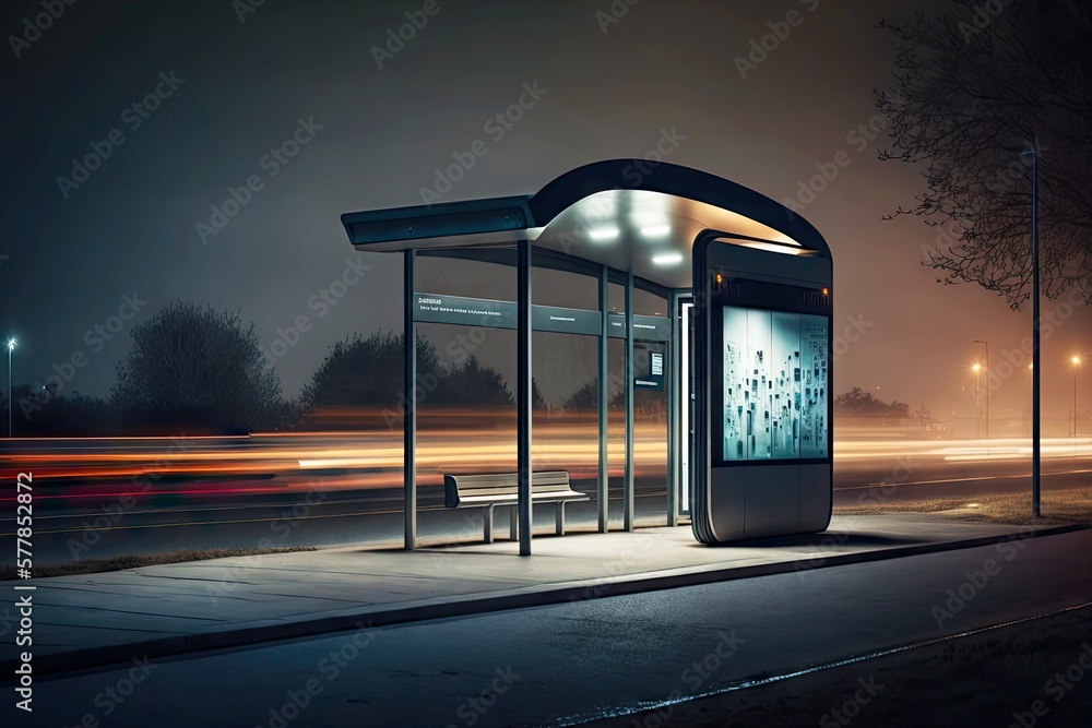 illuminated bus stop for long-haul buses at night bus depot, created ...