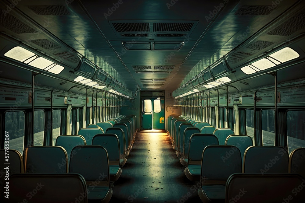 dark interior of bus depot with rows of empty passenger compartments ...
