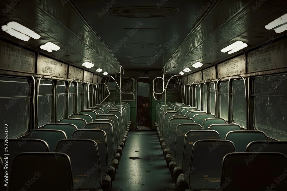 dark interior of bus depot with rows of empty passenger compartments ...