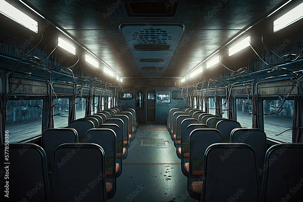 dark interior of bus depot with rows of empty passenger compartments ...