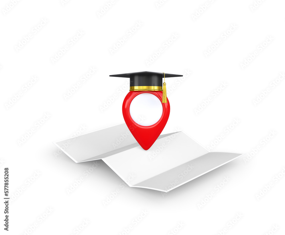 Pin on the map. Academic cap icon in set of locations. 3d illustration ...