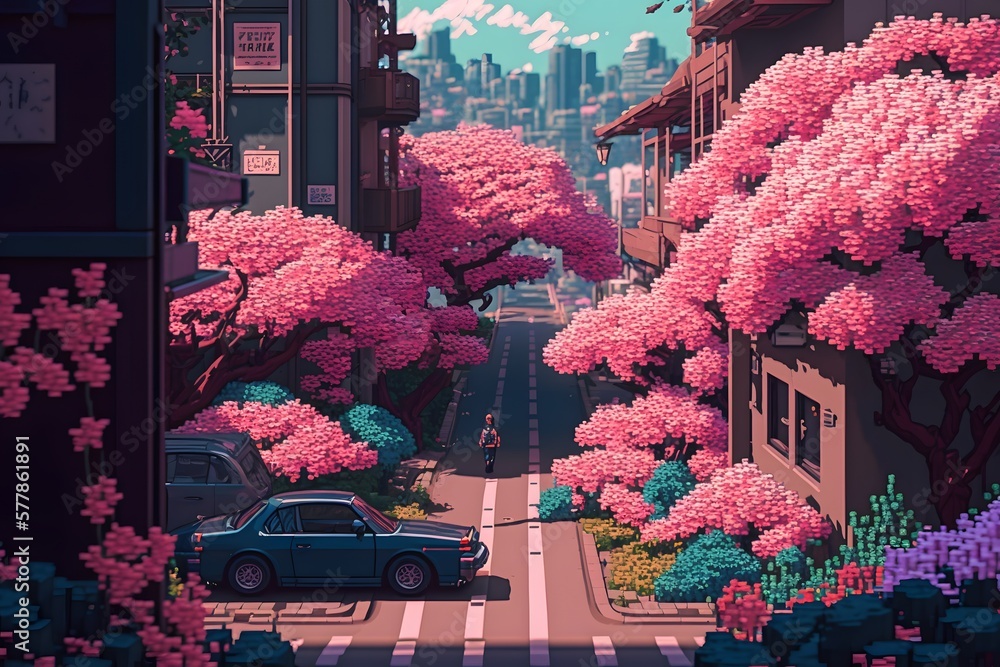 pixel art street cherry blossom created using AI Generative Technology ...