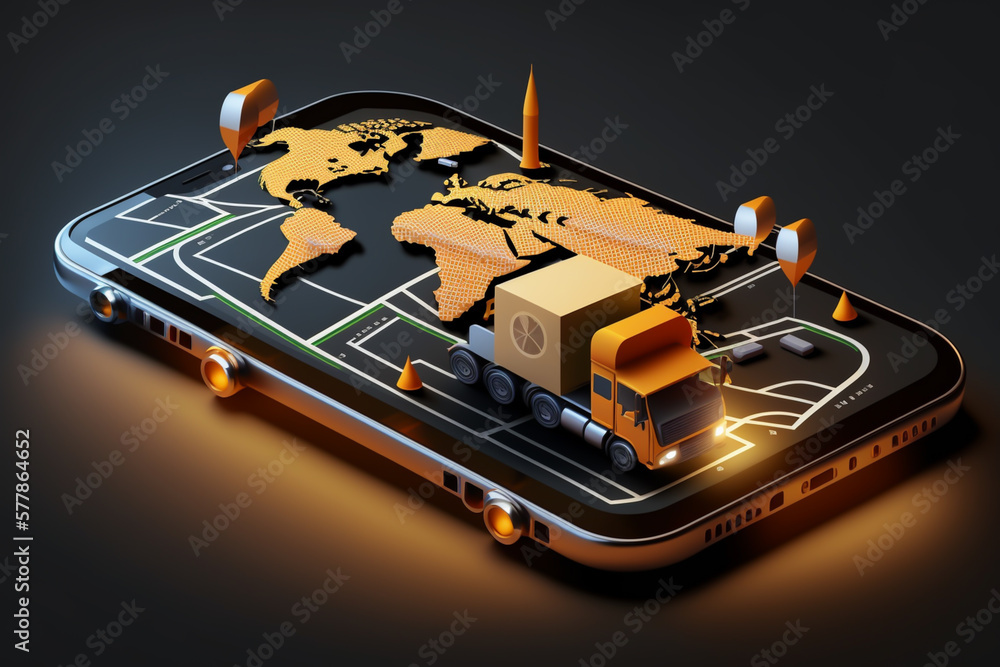 online map navigator on smartphone, transport freight truck concept ...