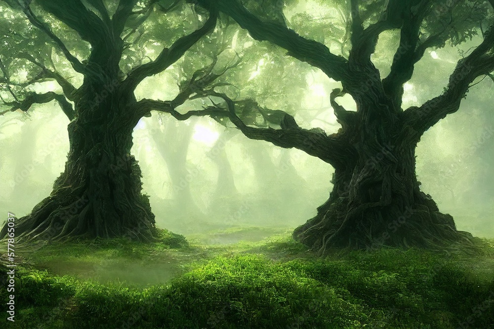 A huge old fantasy deciduous tree with the door to its interior ajar ...