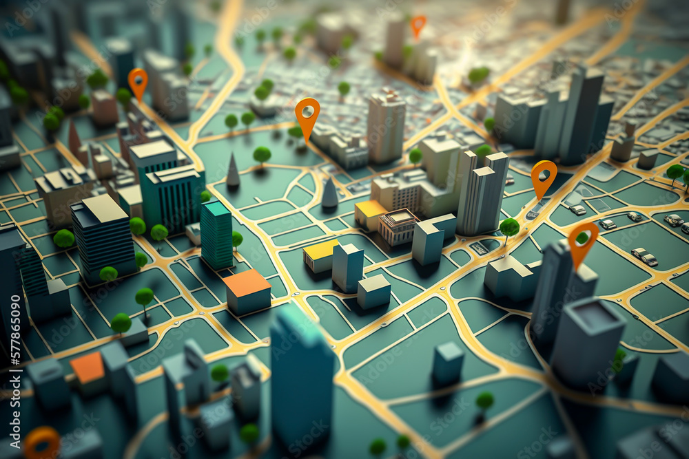 3d city map with 3d pinters location, gps, transport concept, generative ai Stock Illustration ...
