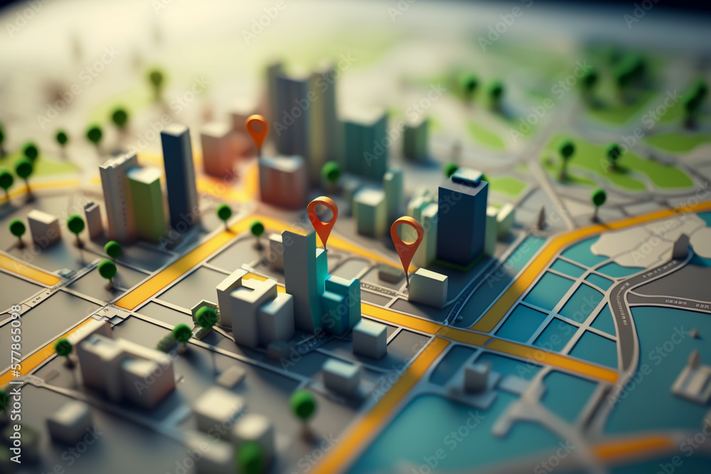 3d city map with 3d pinters location, gps, transport concept, generative ai Stock Illustration ...