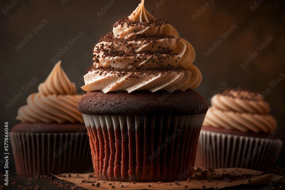 a stack of fluffy chocolate cupcakes topped with buttercream frosting and a dusting of cocoa ...