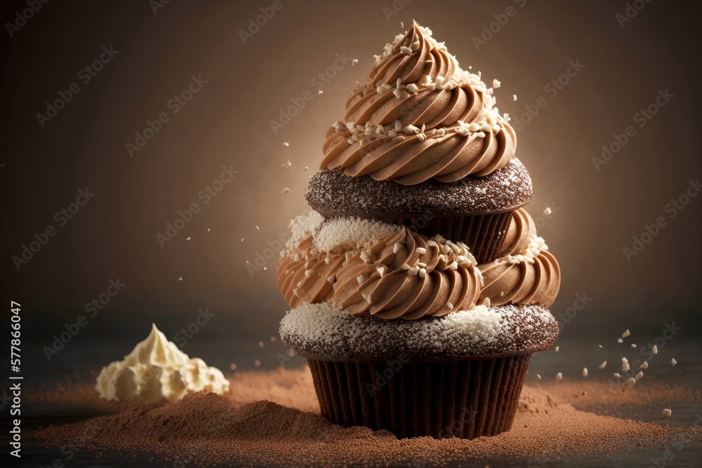 a stack of fluffy chocolate cupcakes topped with buttercream frosting and a dusting of cocoa ...