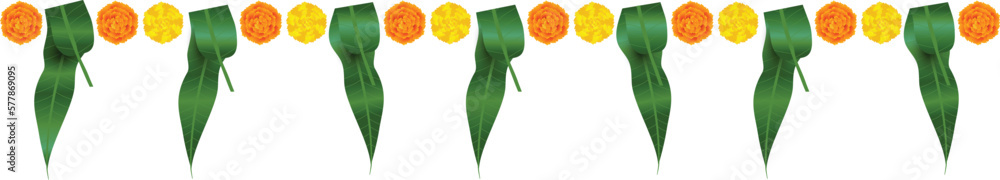 Decorative marigold flowers and mango leaves toran border design in a ...