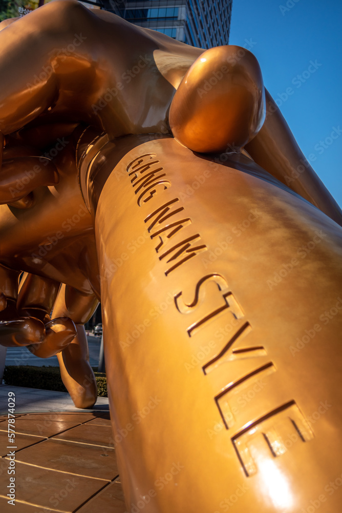 Bronze statue of Gangnam Style famous song by Psy in front of COEX mall ...