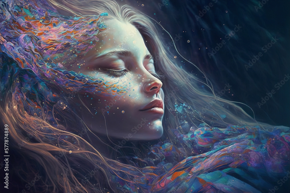 Abstract woman dream decorated by harmony and endless colors of star in ...